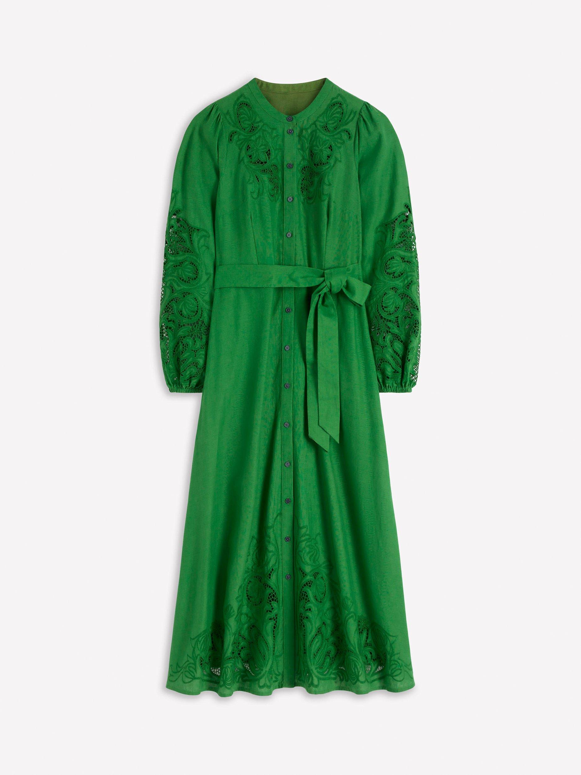 Boden Mae Linen Rich Floral Lace Midi Dress, Highland Green