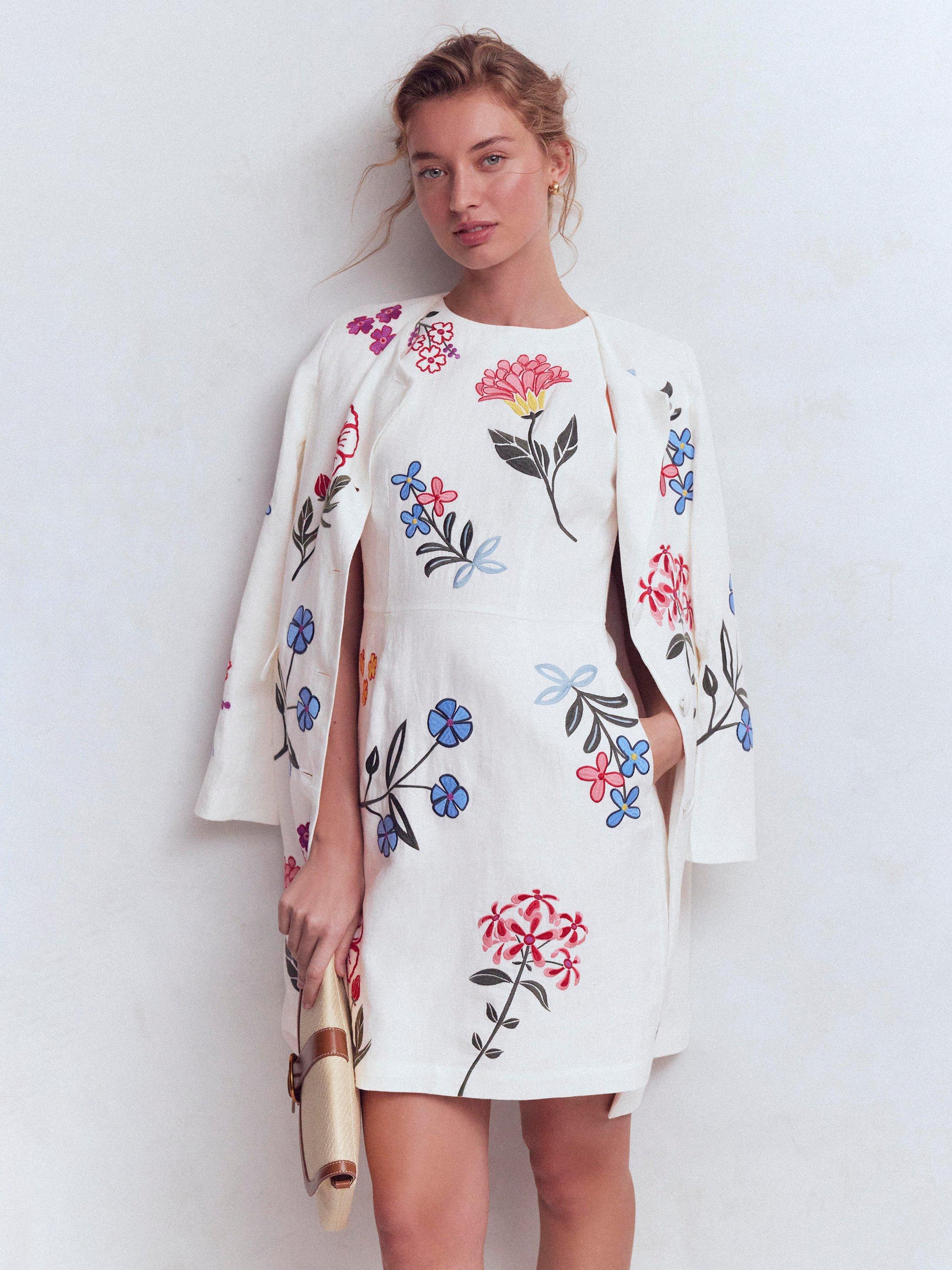Boden Embroidered Floral Pure Linen Dress, White/Multi