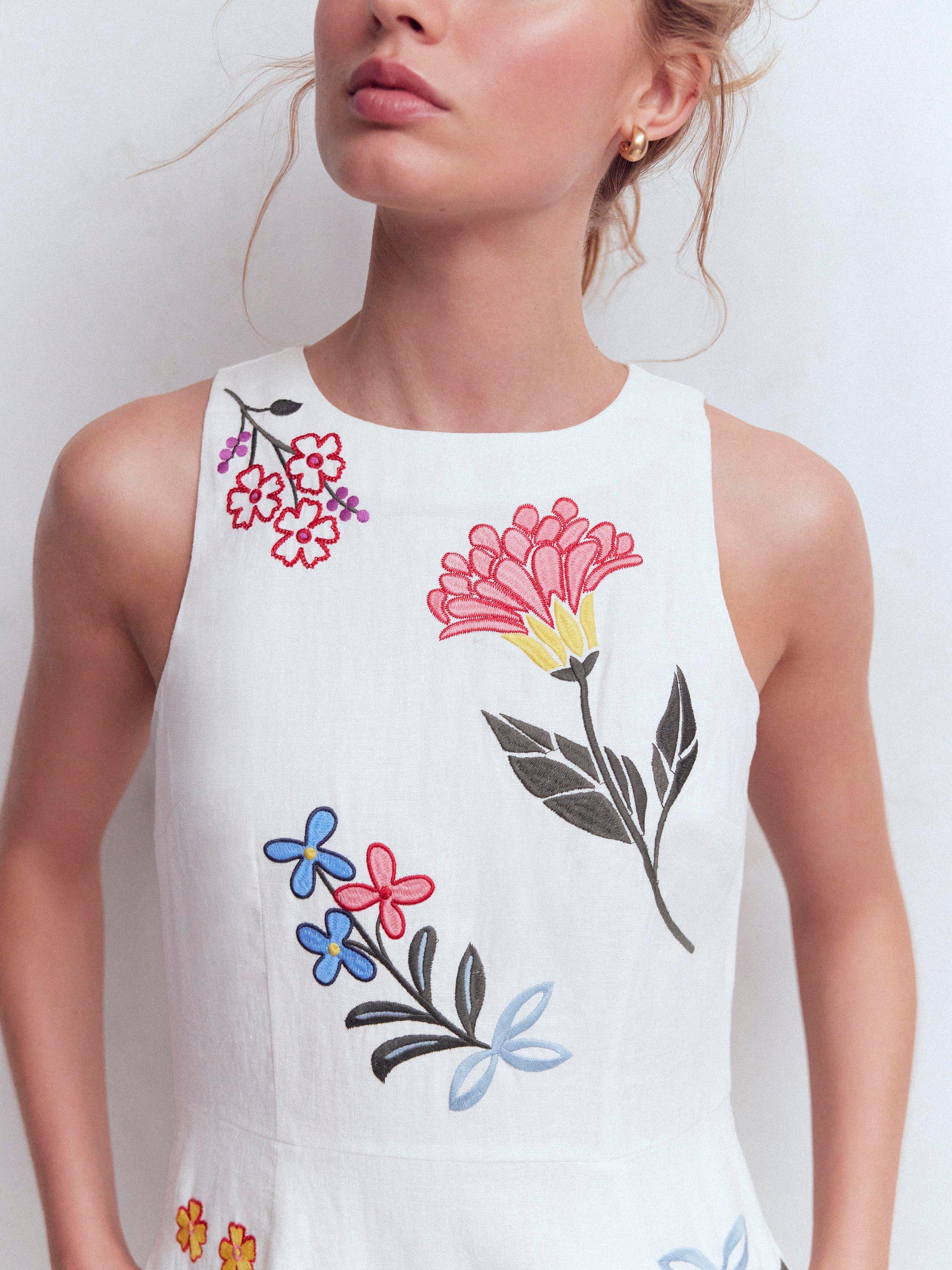 Boden Embroidered Floral Pure Linen Dress, White/Multi