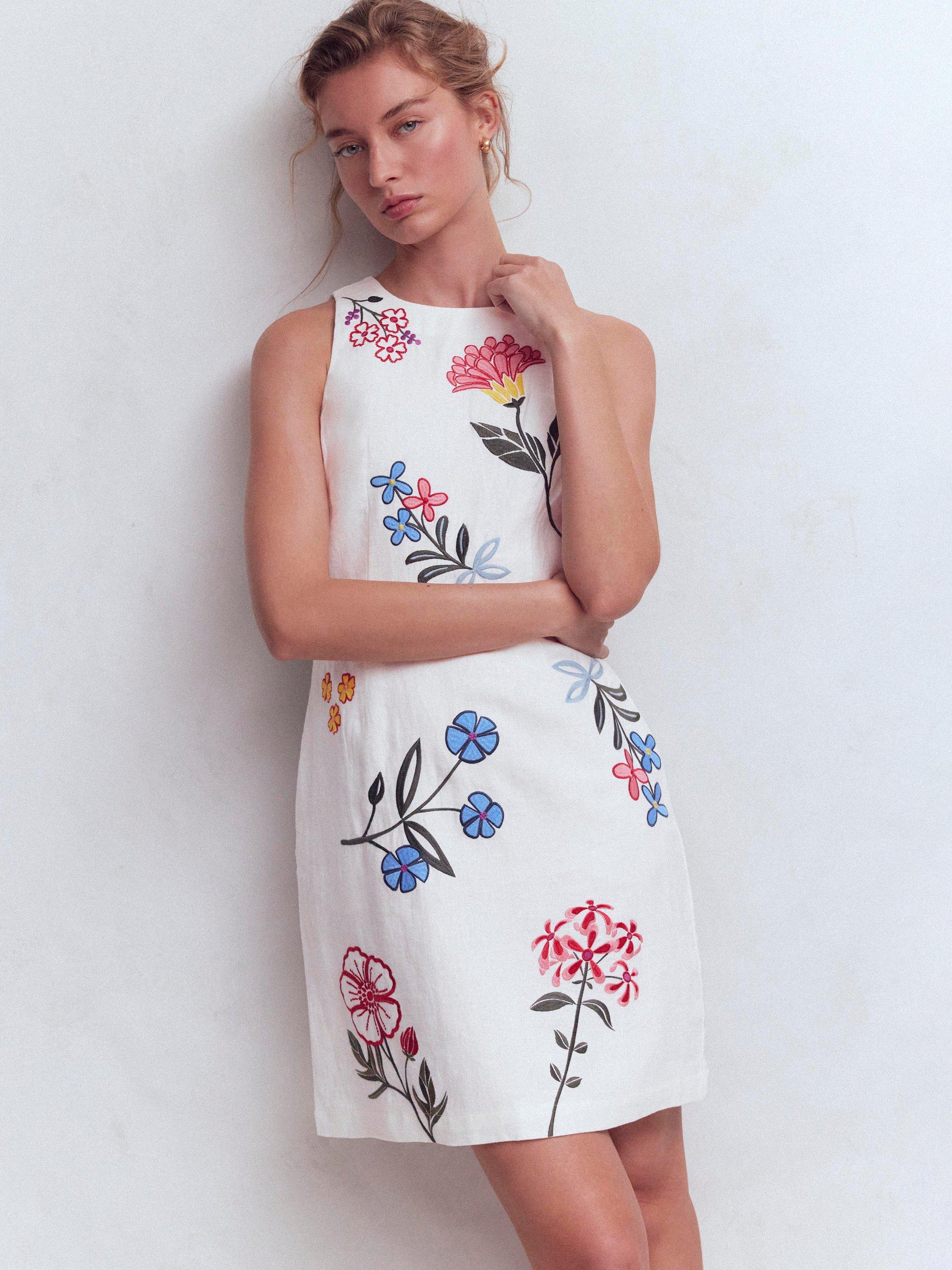 Boden Embroidered Floral Pure Linen Dress, White/Multi
