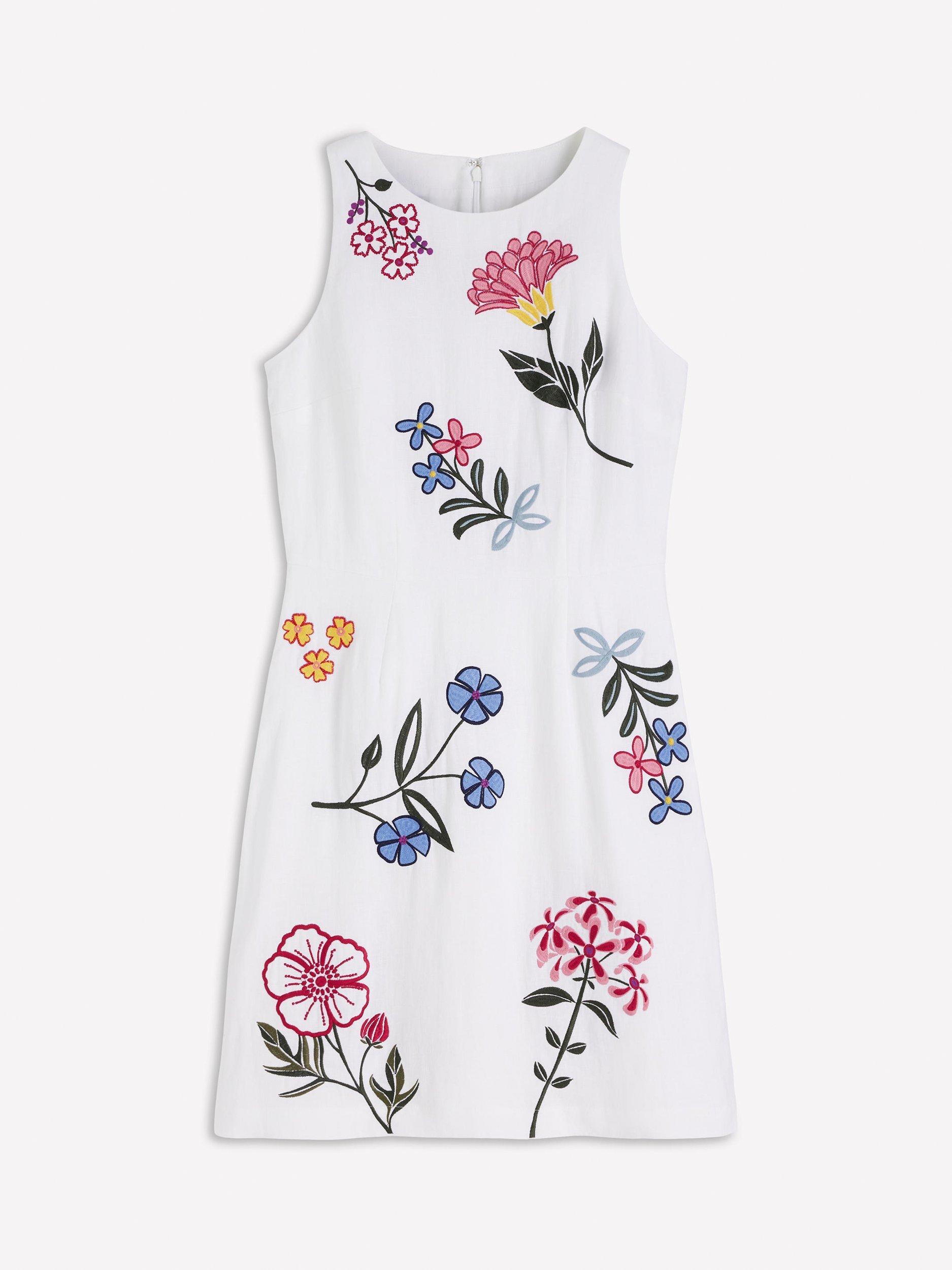 Boden Embroidered Floral Pure Linen Dress, White/Multi