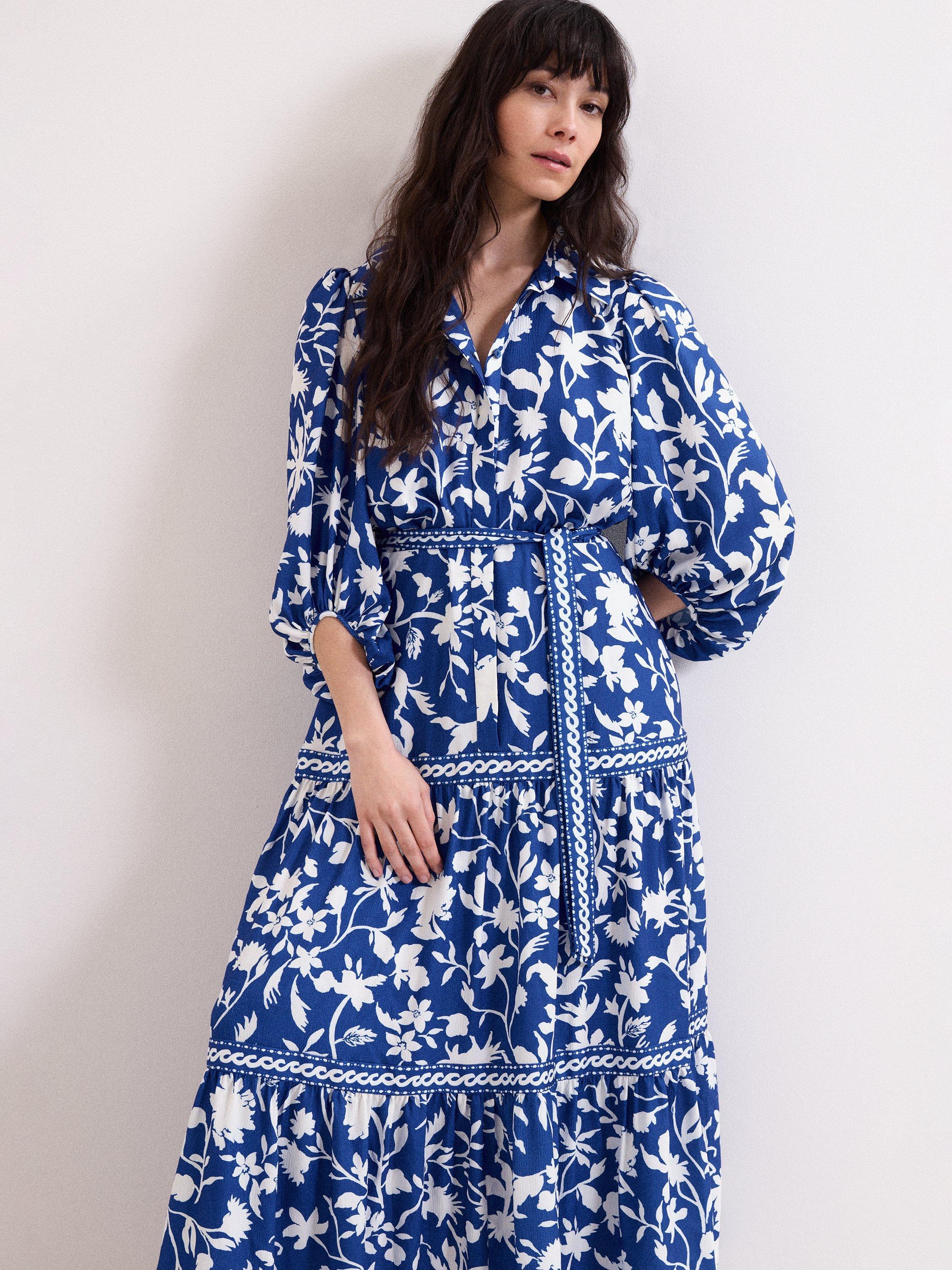 Phase Eight Petite Coralie Floral Shirt Dress, Cobalt/White