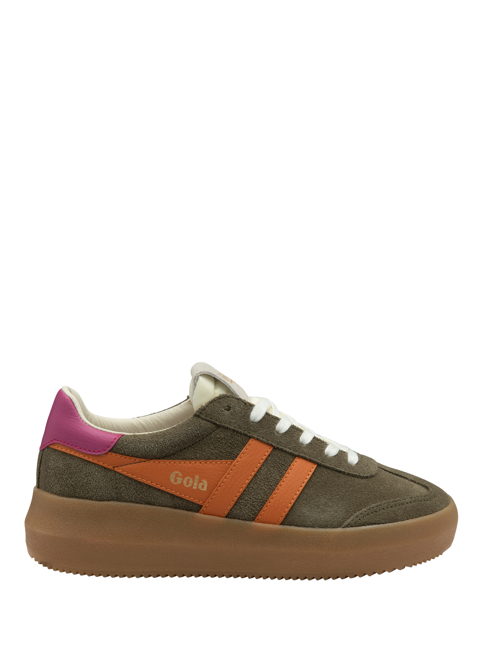 Gola Classics Athena Suede Lace Up Trainers, Khaki/Clementine/Fuchsia