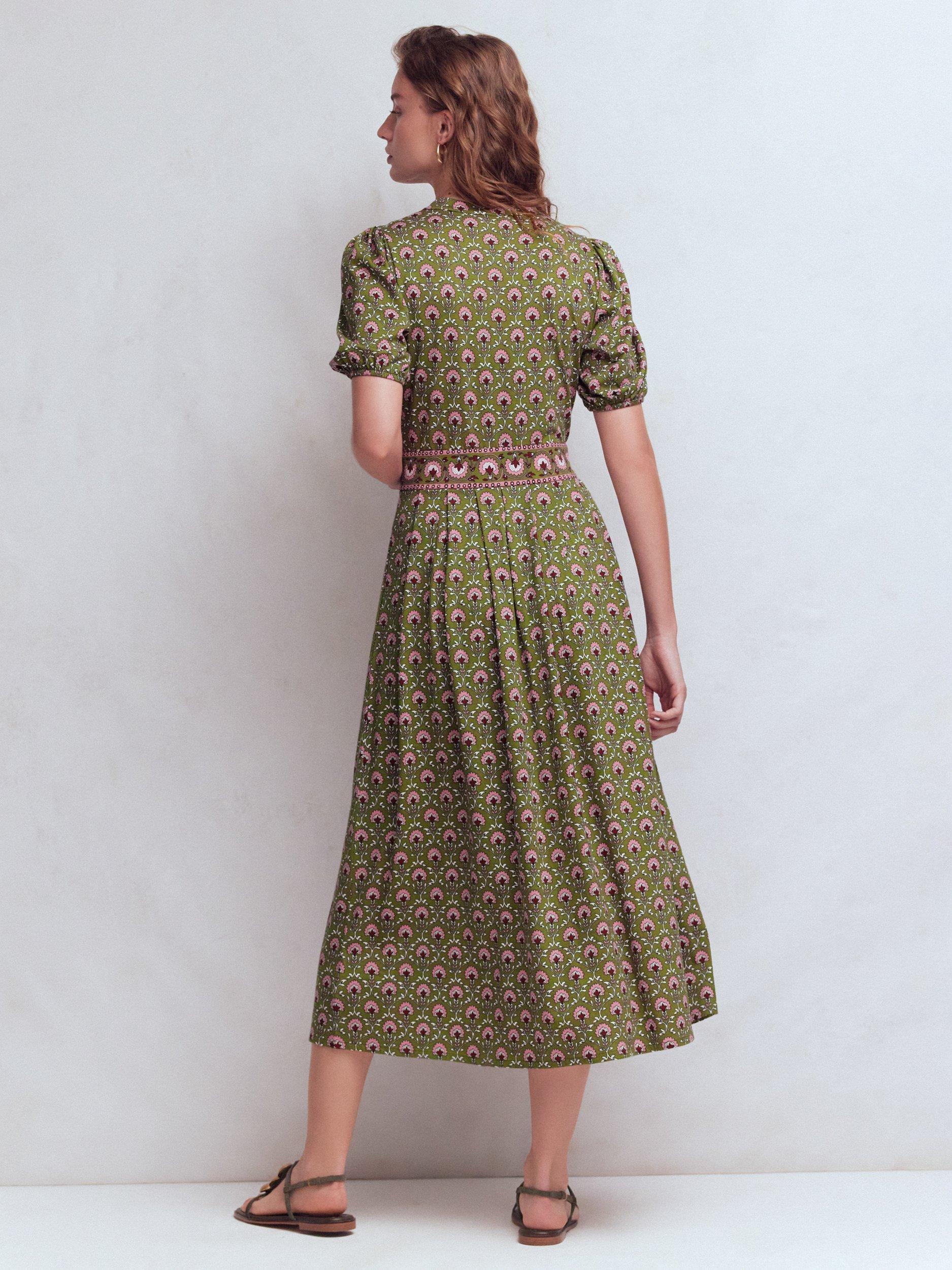 Boden Amber Flower Lattice Pleat Jersey Dress, Olive/Multi