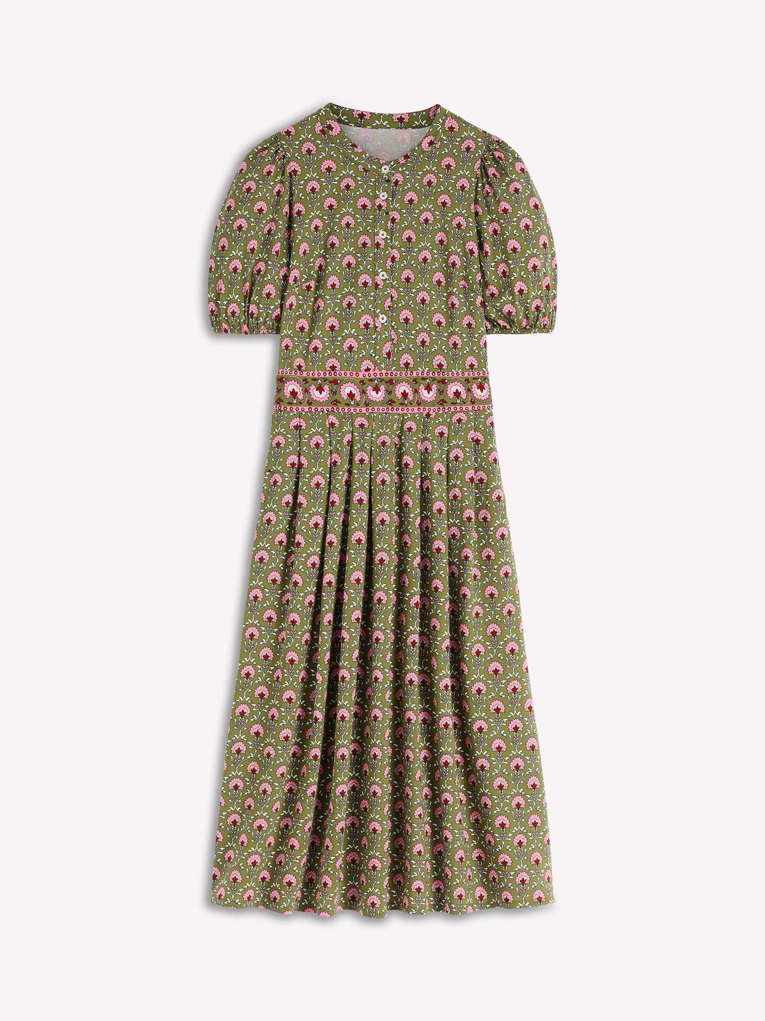 Boden Amber Flower Lattice Pleat Jersey Dress, Olive/Multi