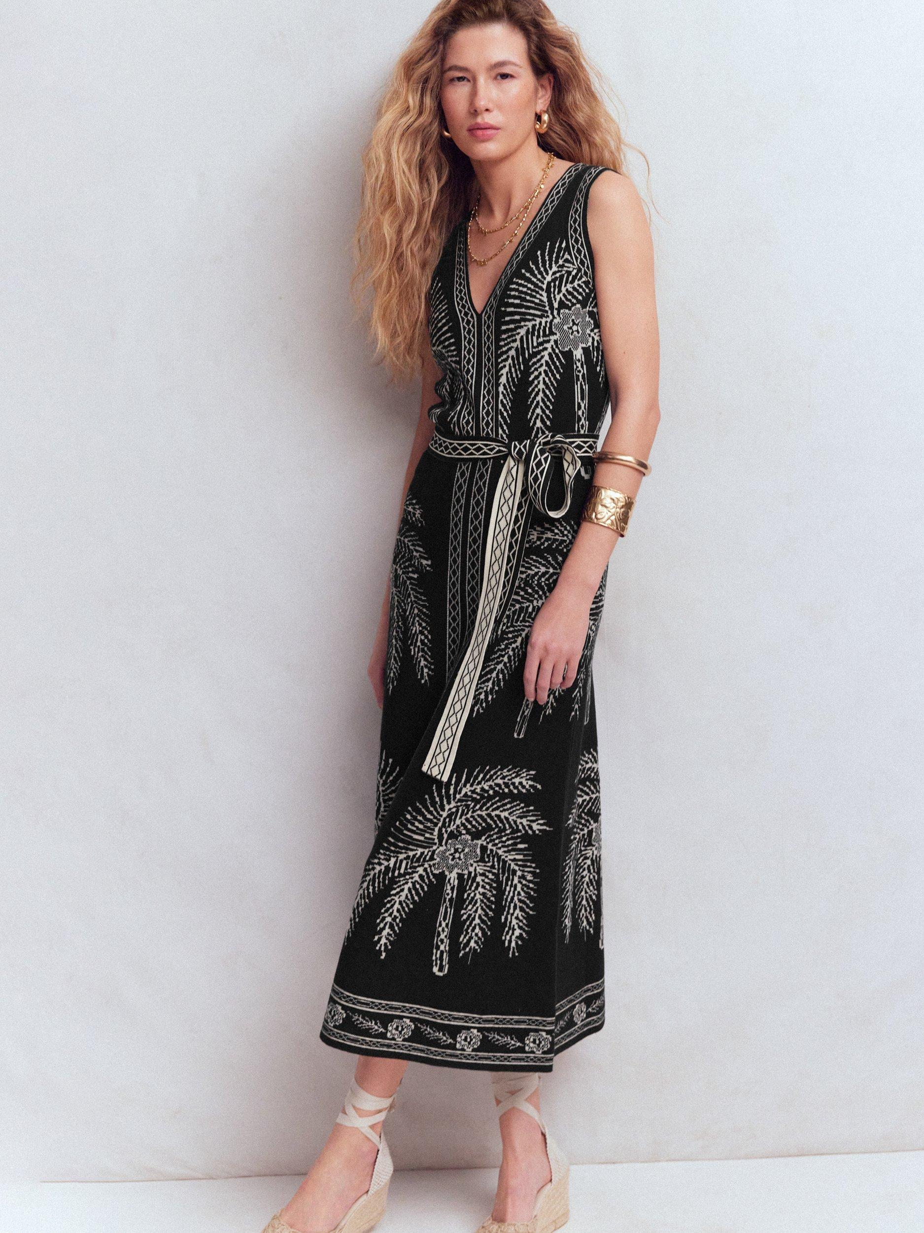 Boden V-Neck Palm Jacquard Midi Dress, Black/Multi