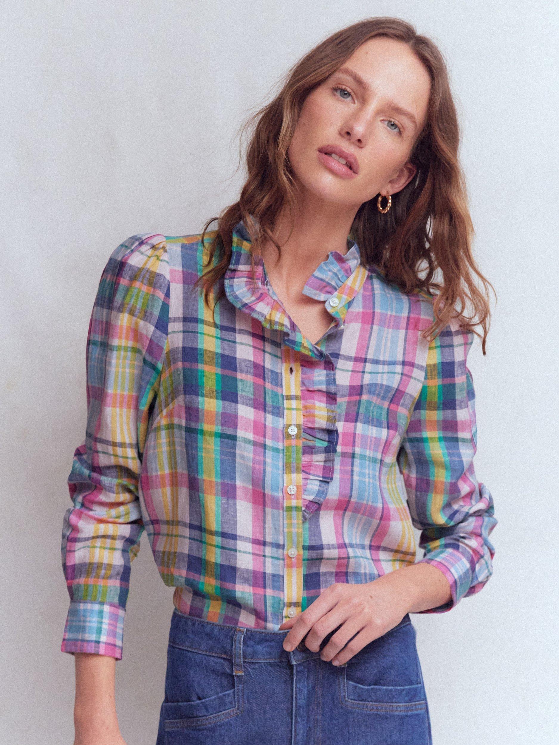 Boden Isabel Check Ruffle Pure Linen Shirt, Multi
