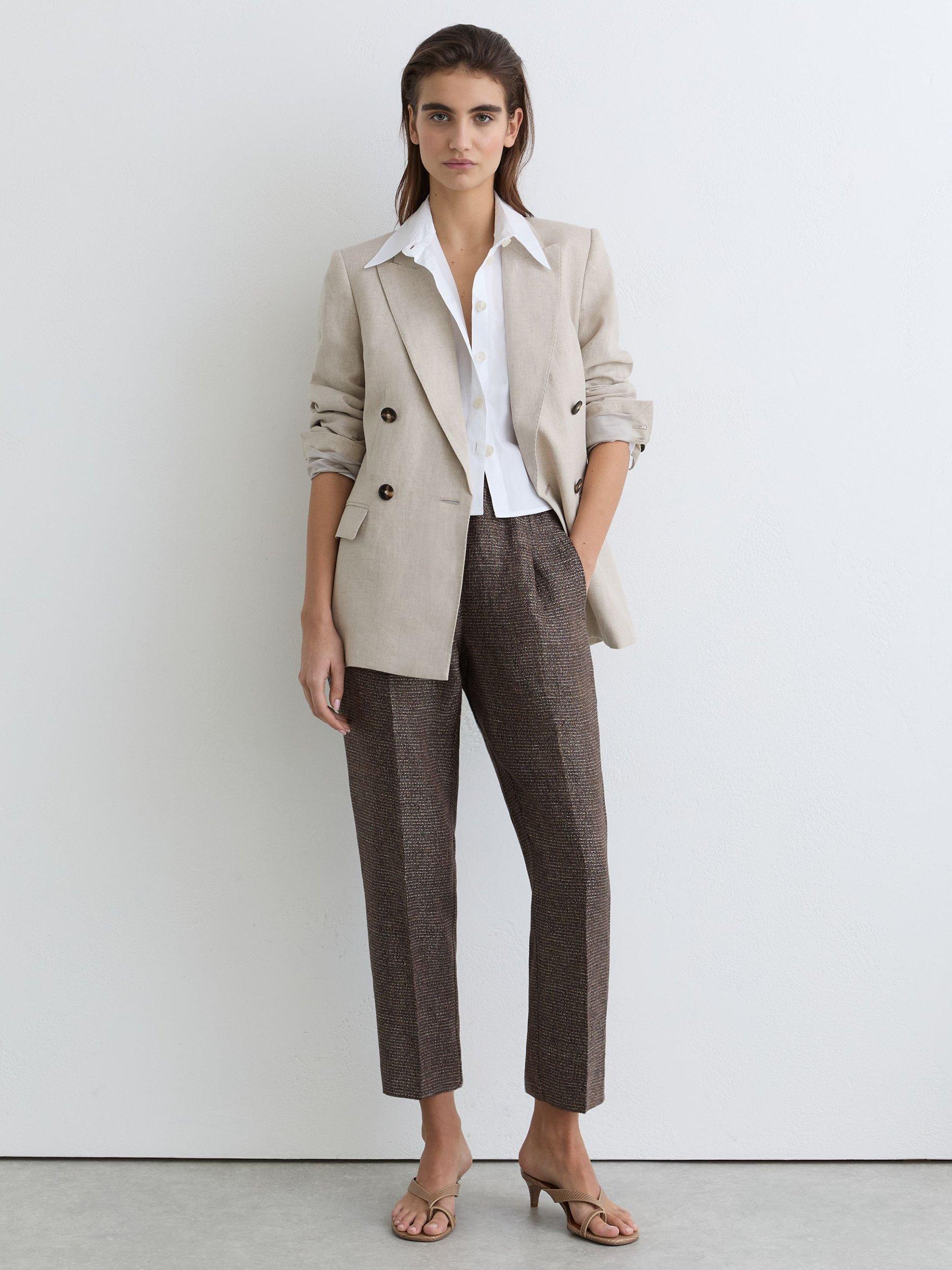 Reiss Lourdes Woven Linen Cropped Tapered Trousers, Brown