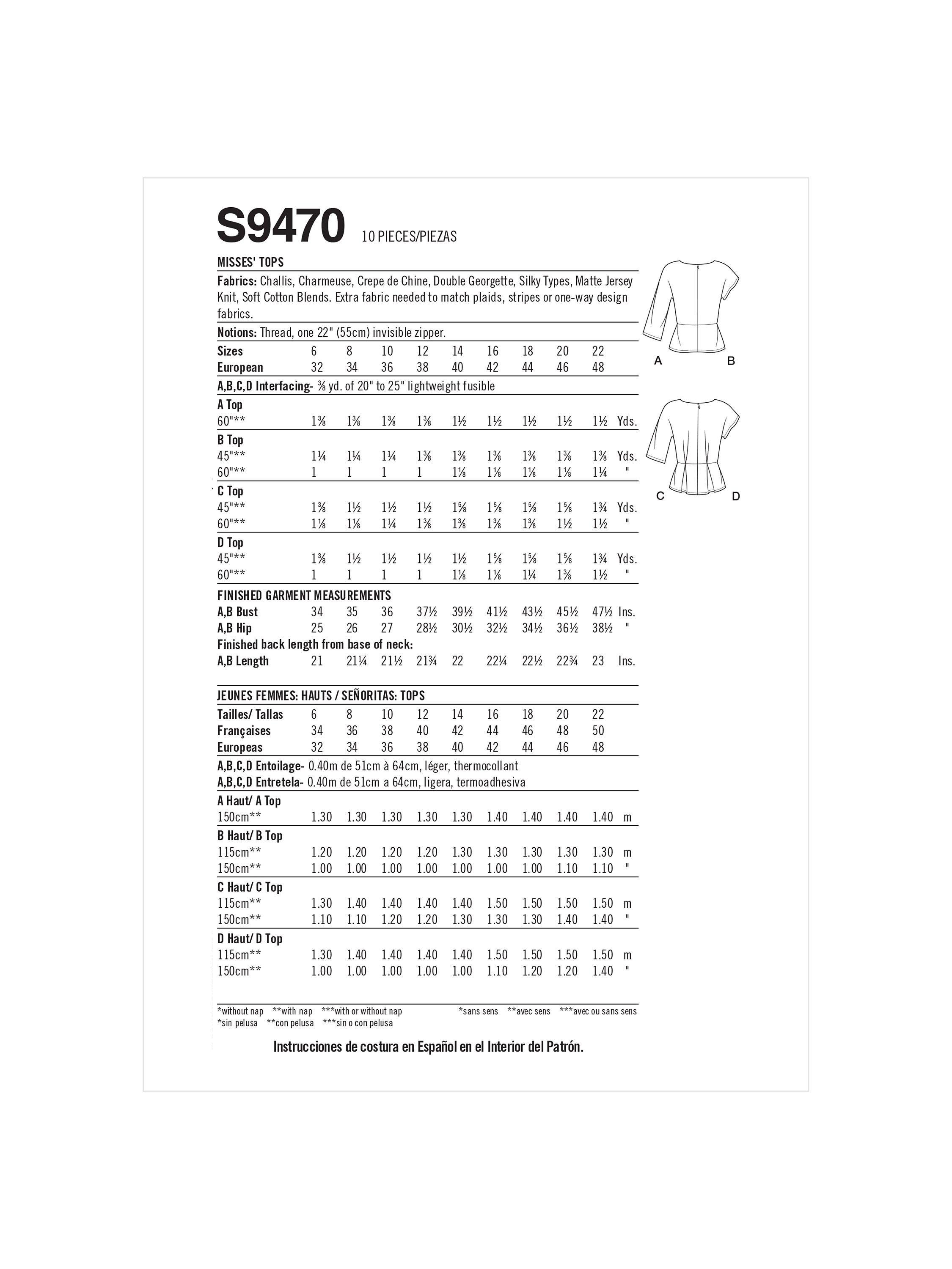 Simplicity Misses' Peplum Tops Sewing Pattern, S9470