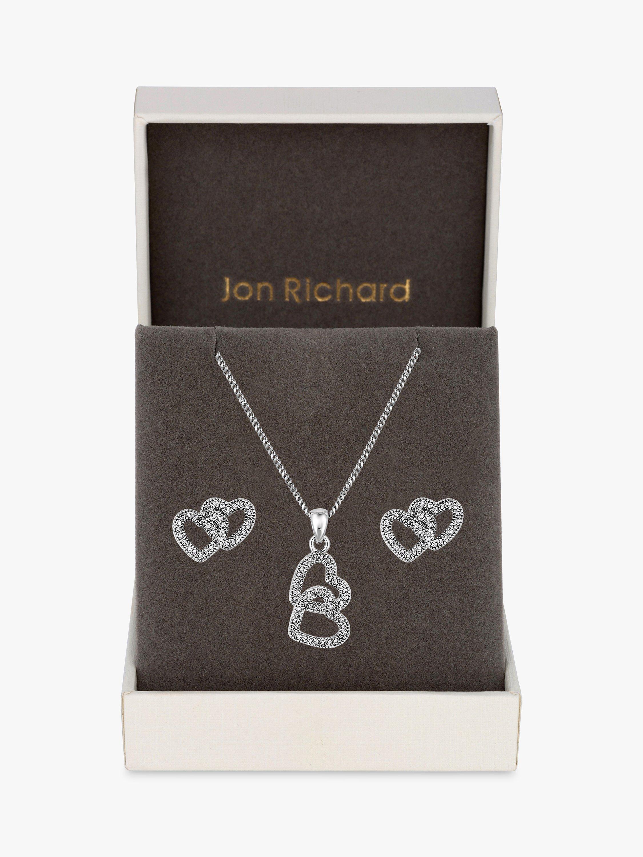 Jon Richard Double Heart Crystal Pendant Necklace Stud Earrings Jewellery Set