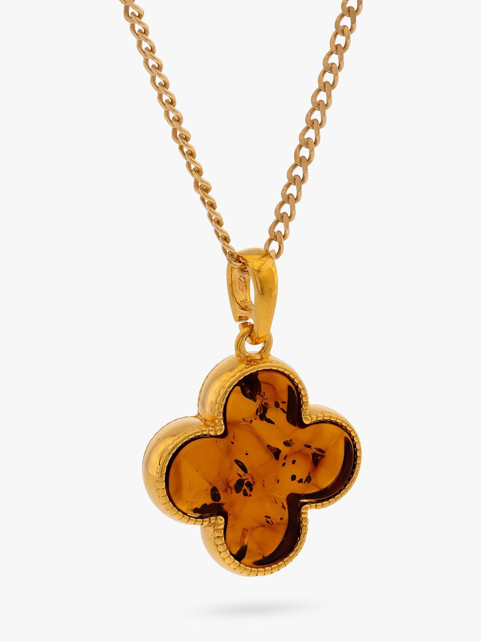 Be Jewelled Baltic Cognac Amber Clover Pendant Necklace Gold