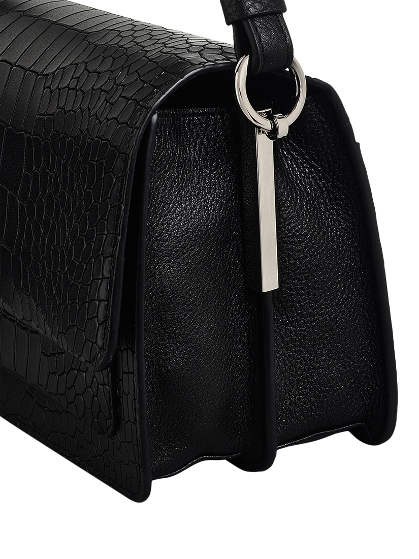 Radley Leather Lane Leather Croc Effect Medium Flapover Shoulder Bag, Black