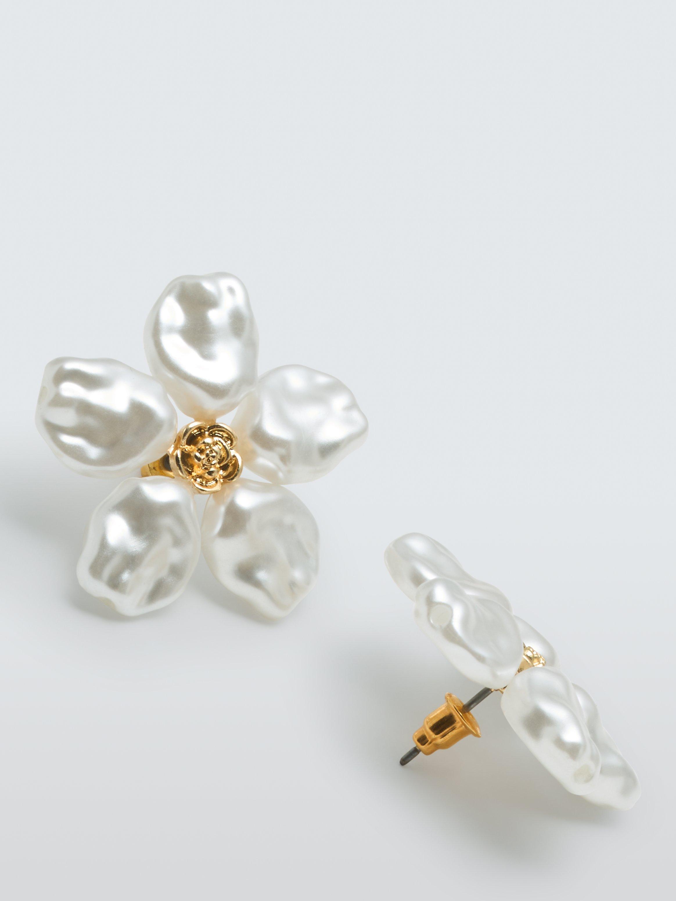 John Lewis Faux Pearl Petal Flower Stud Earrings Silver Gold