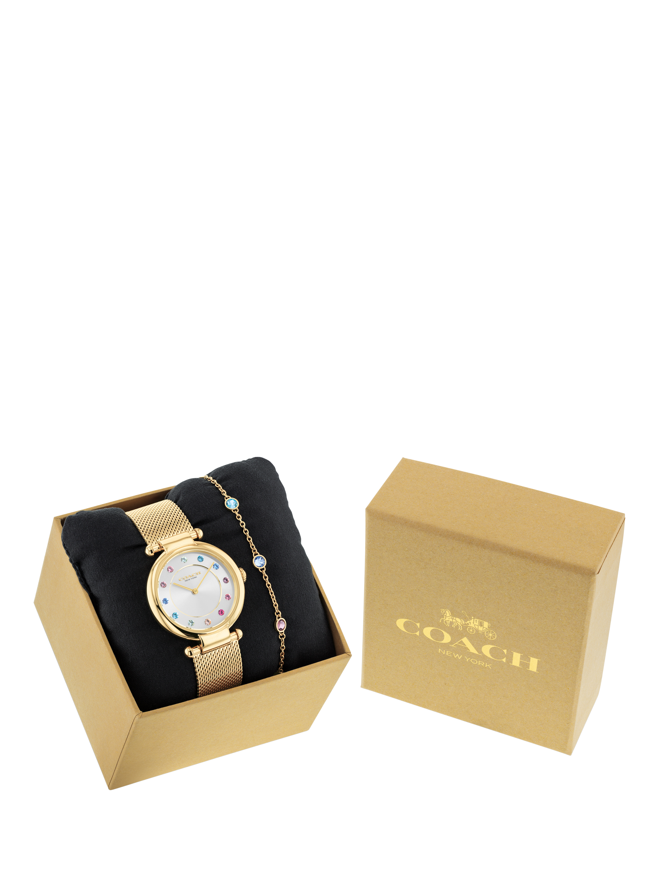 Coach Women's Cary Rainbow Crystal Watch and Chain Bracelet Set, Gold