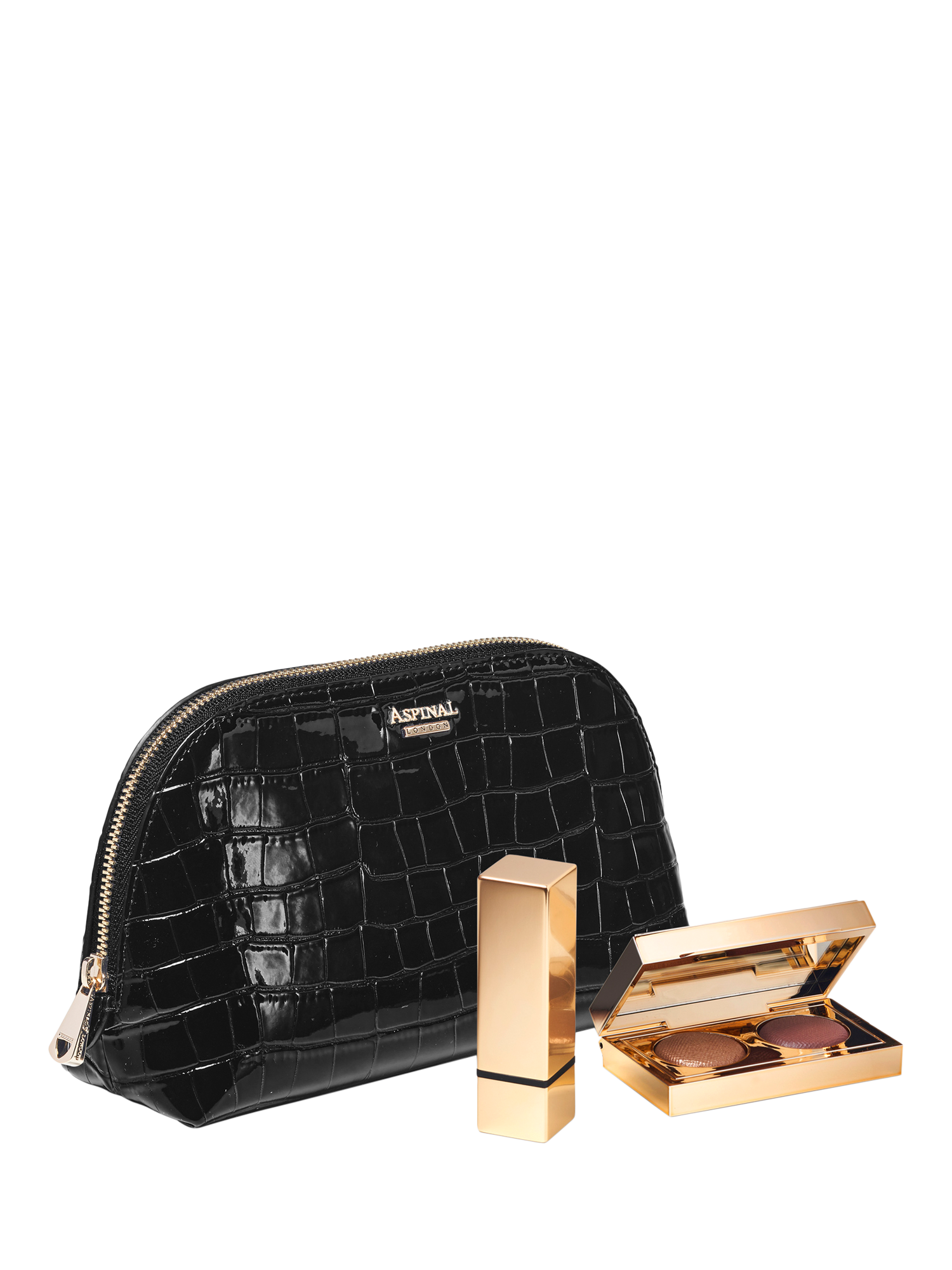 Aspinal of London Classic Faux Patent Croc Leather Makeup Case, Black