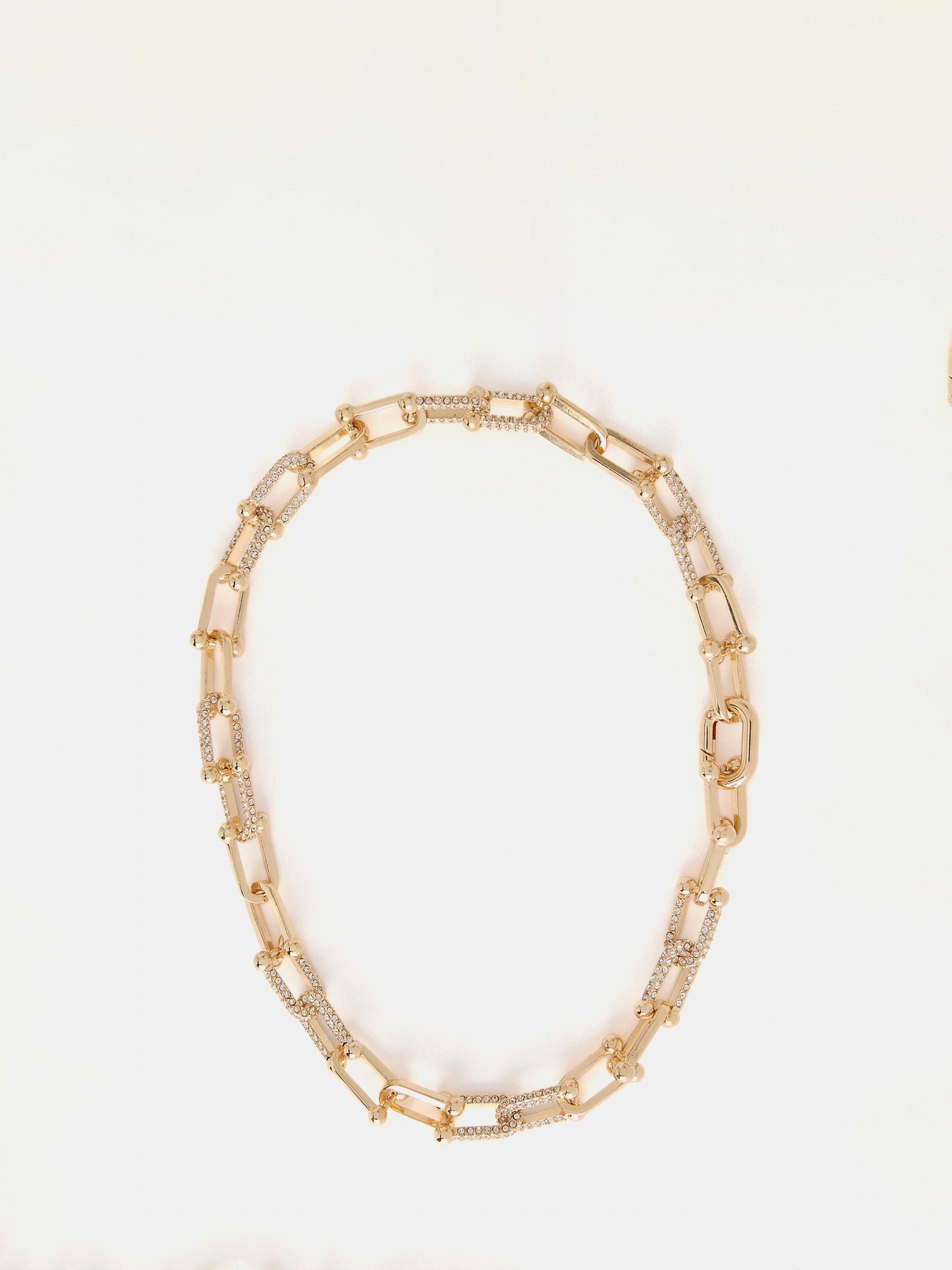 Mint Velvet Crystal Pave Link Chain Necklace Gold