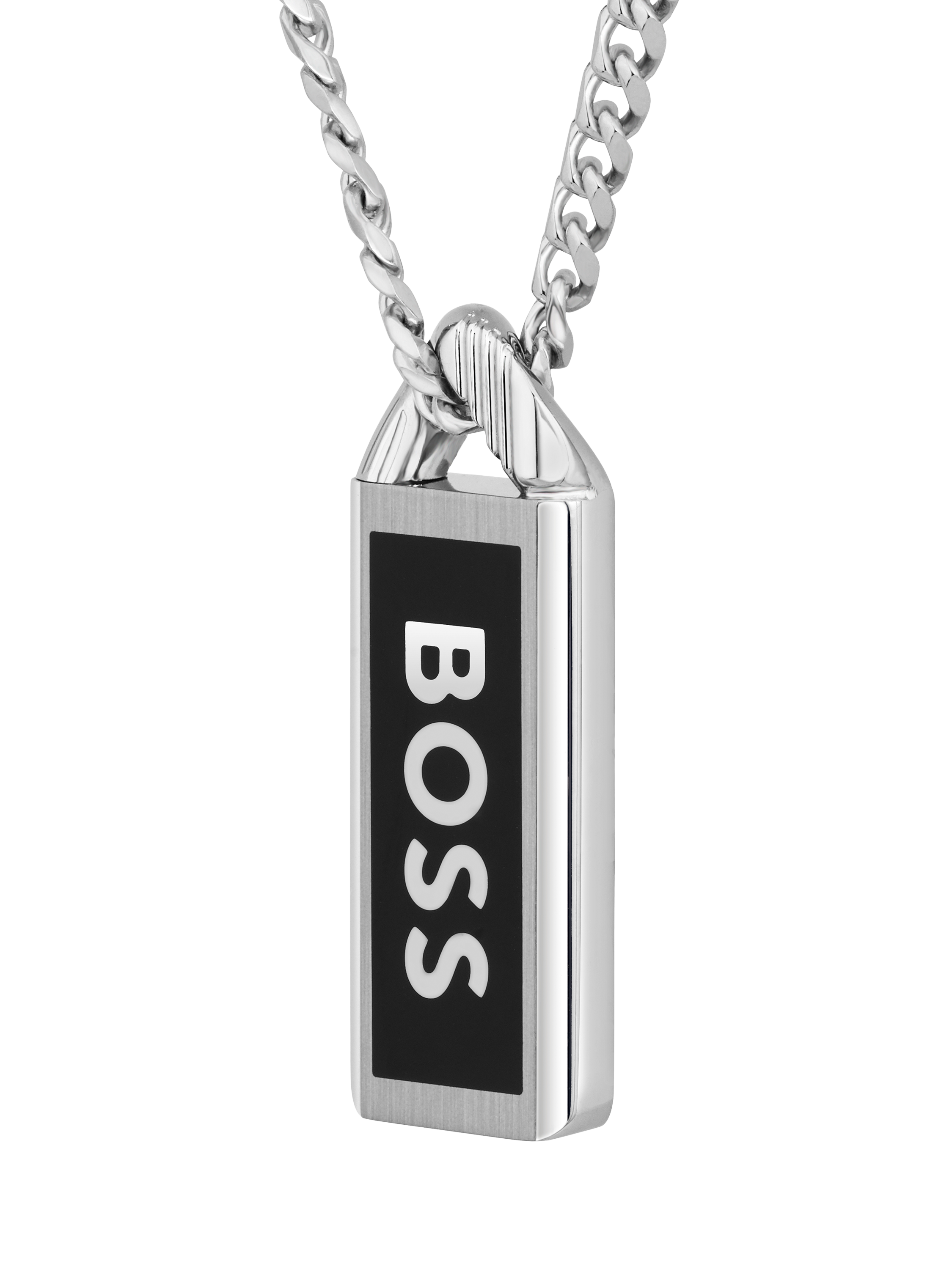 BOSS Men's Kassy Emblem Enamel Logo Pendant Necklace, Silver/Black