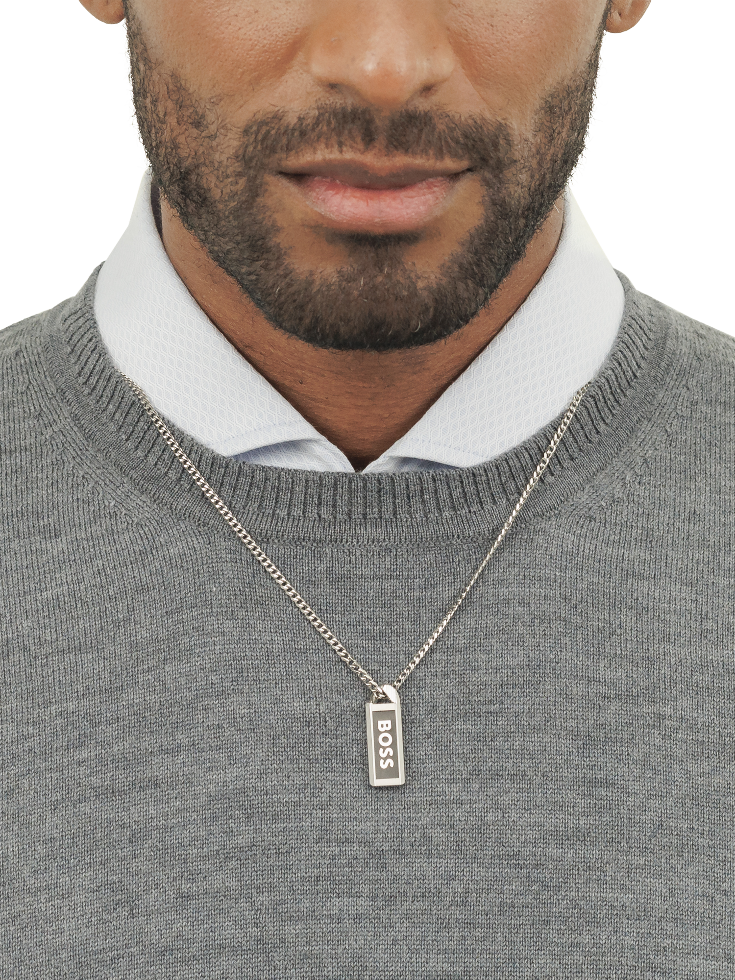 BOSS Men's Kassy Emblem Enamel Logo Pendant Necklace, Silver/Black