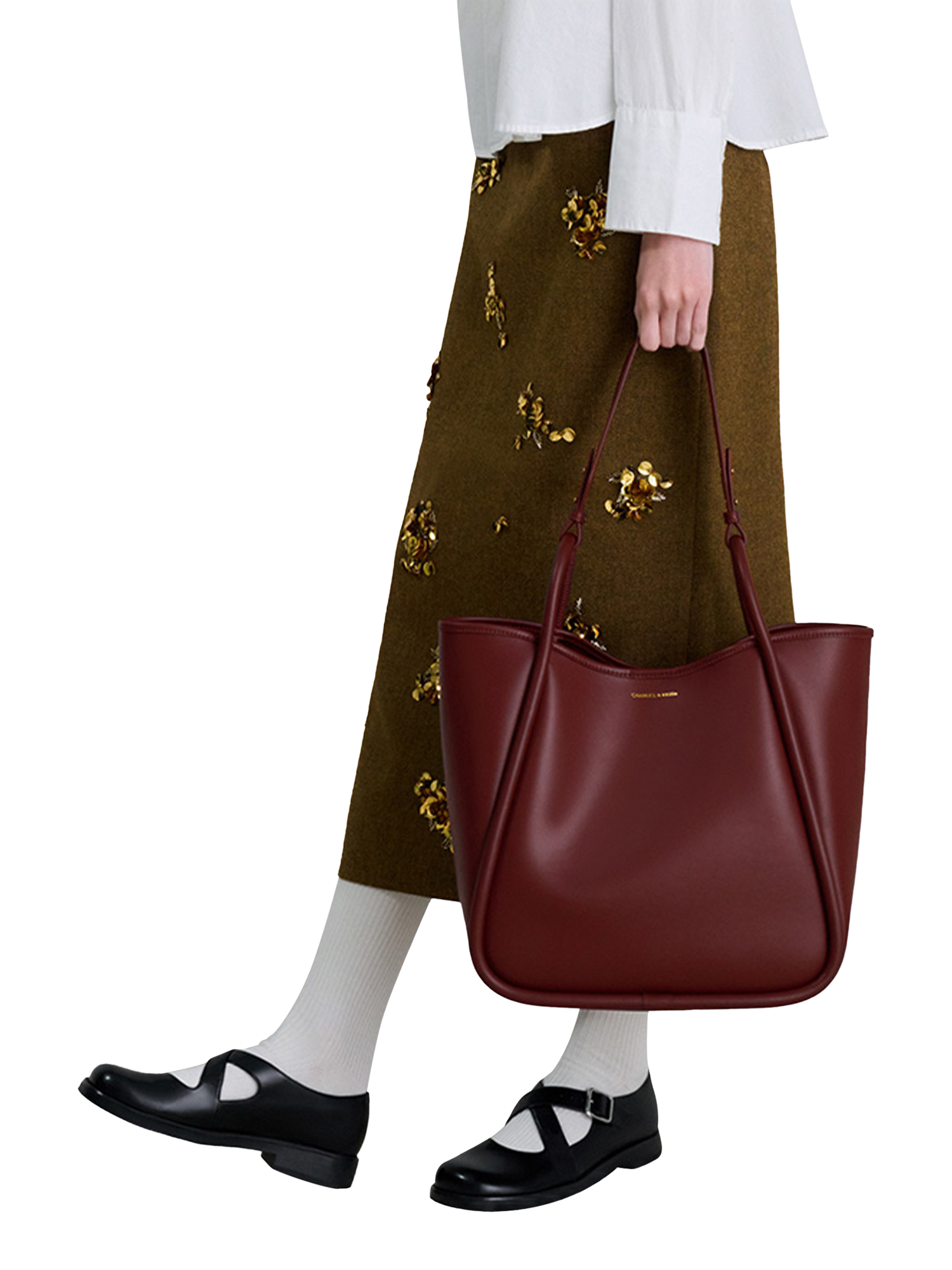 CHARLES & KEITH Lyla Tubular Slouchy Faux Leather Tote Bag, Mulberry Plum