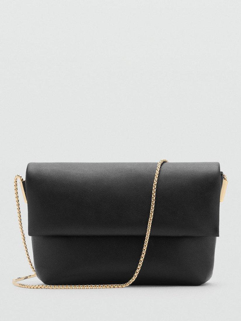 Mango Pochette Fold Over Chain Strap Crossbody Bag, Black