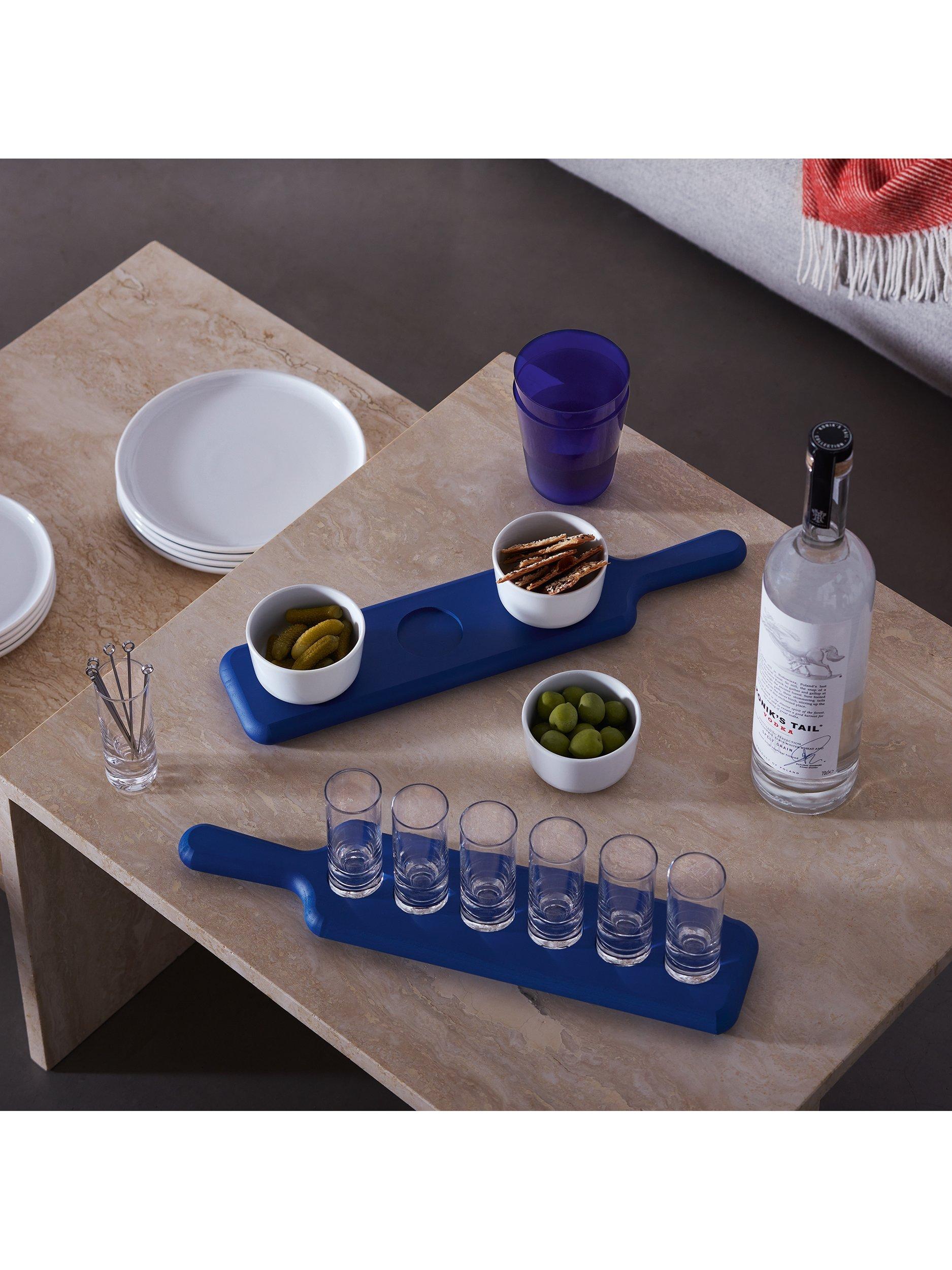 LSA International Paddle Pop Ash Wood Board & 6 Shot Glass Set, Tarn Blue