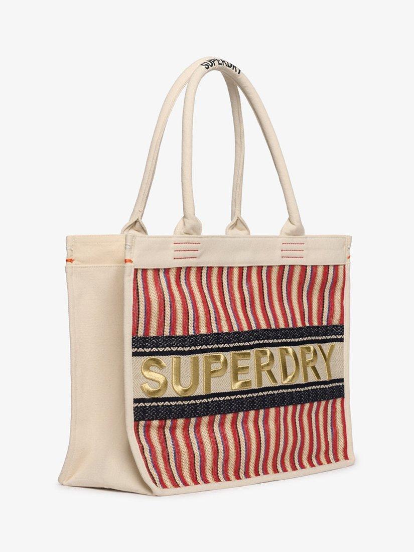 Superdry Luxe Embroidered Tote Bag, Ecru/Red