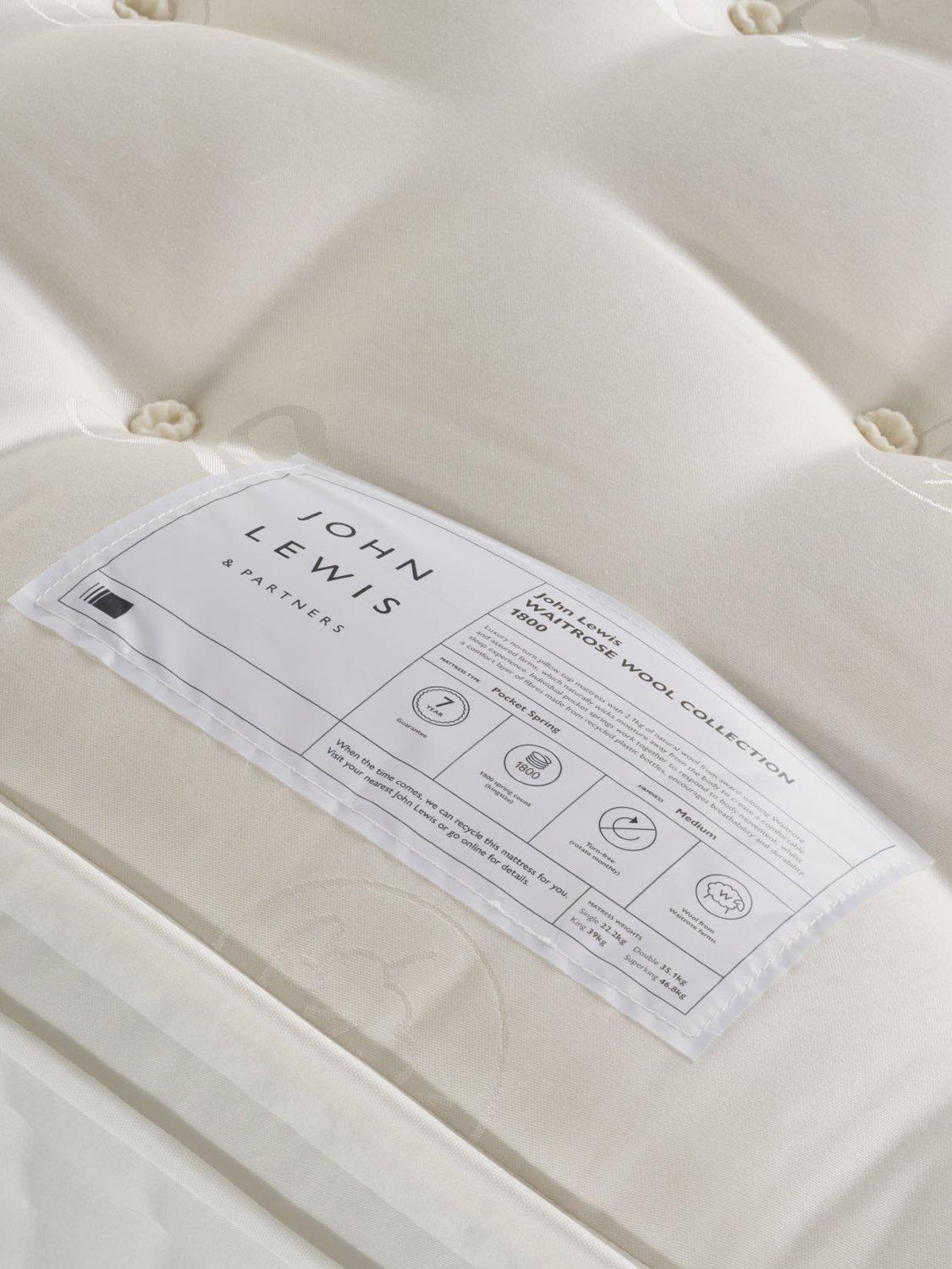 John Lewis Waitrose Wool 1800 Pillowtop Pocket Spring Mattress, Medium ...