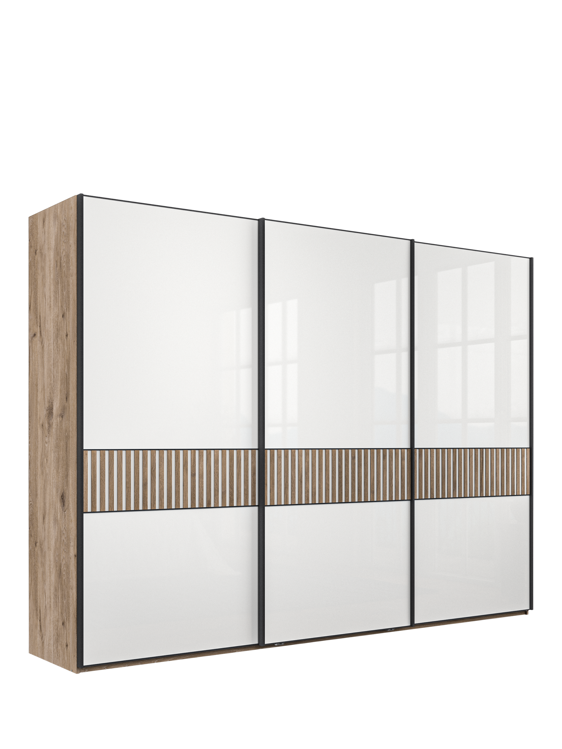John Lewis Newlyn 3m Sliding Wardrobe with 3 Glass Doors, Nordic Oak