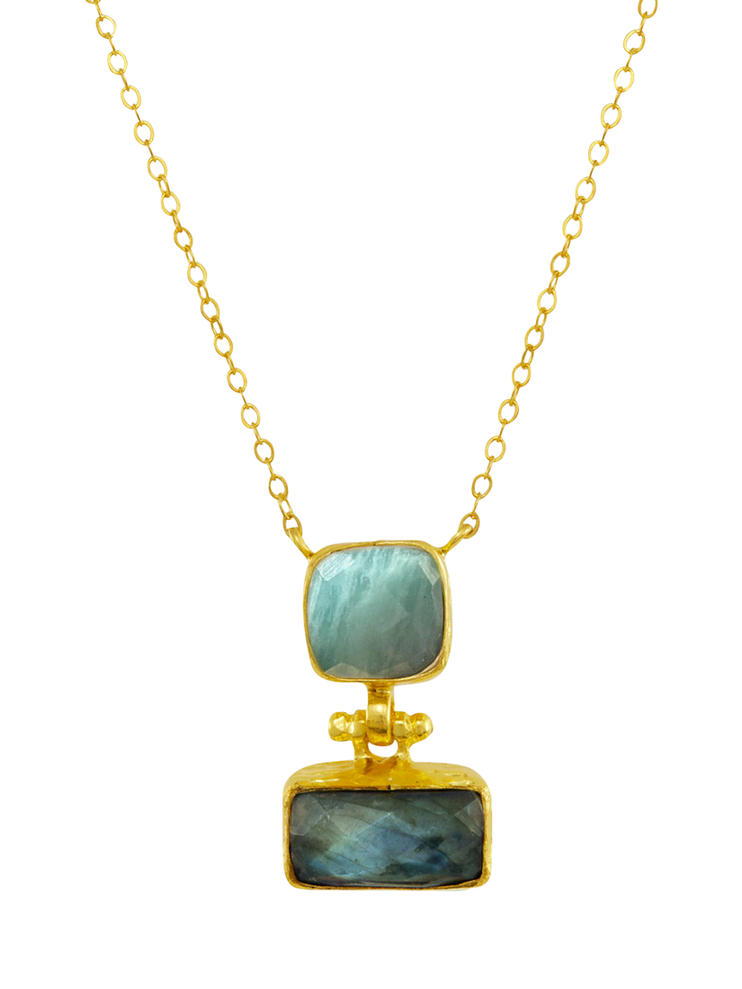 Ottoman Hands Nerissa Labradorite and Aqua Chalcedony Pendant, Gold