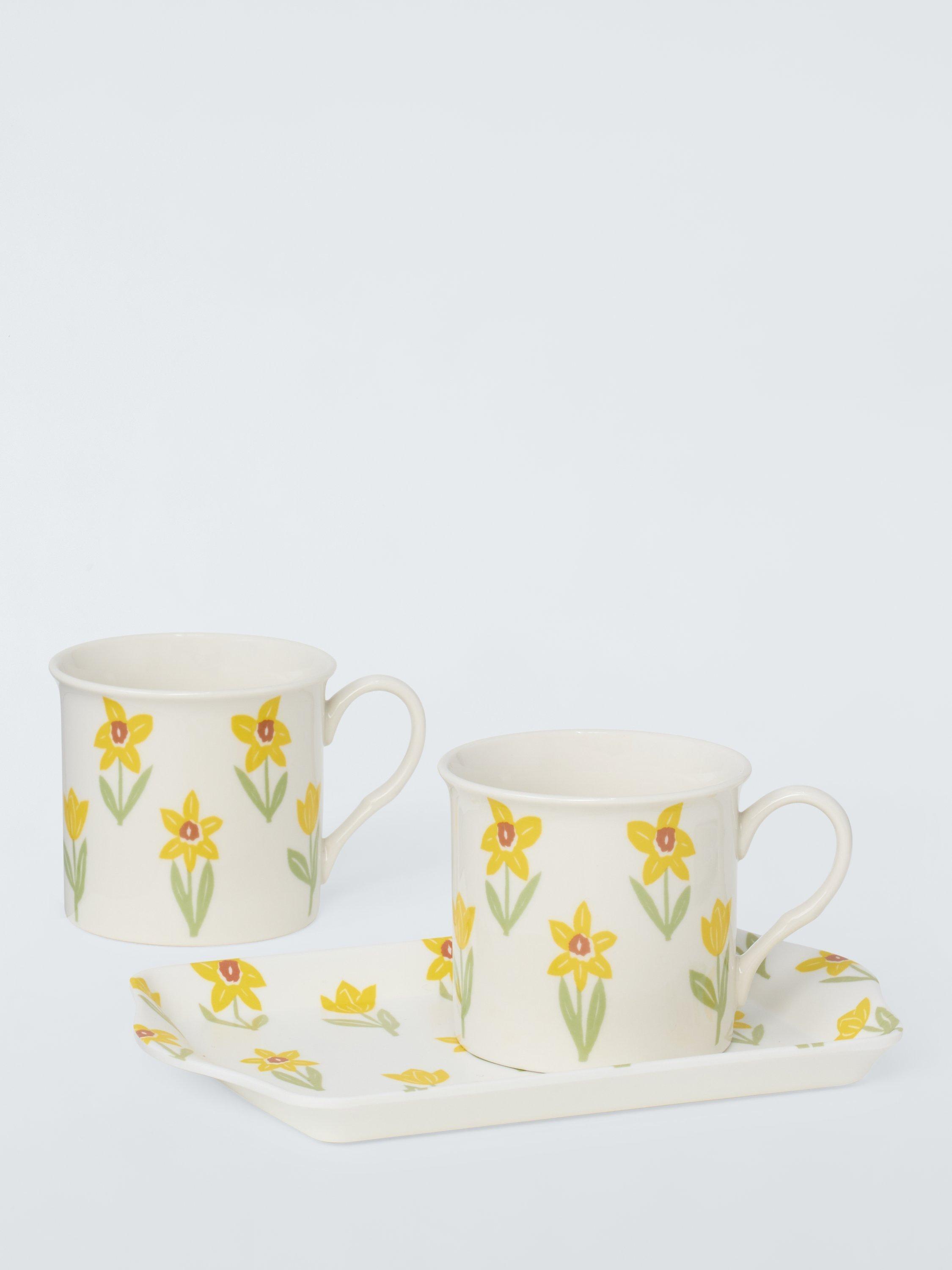 John Lewis Easter Daffodil Stoneware Mugs & Melamine Tray Set, Yellow/White