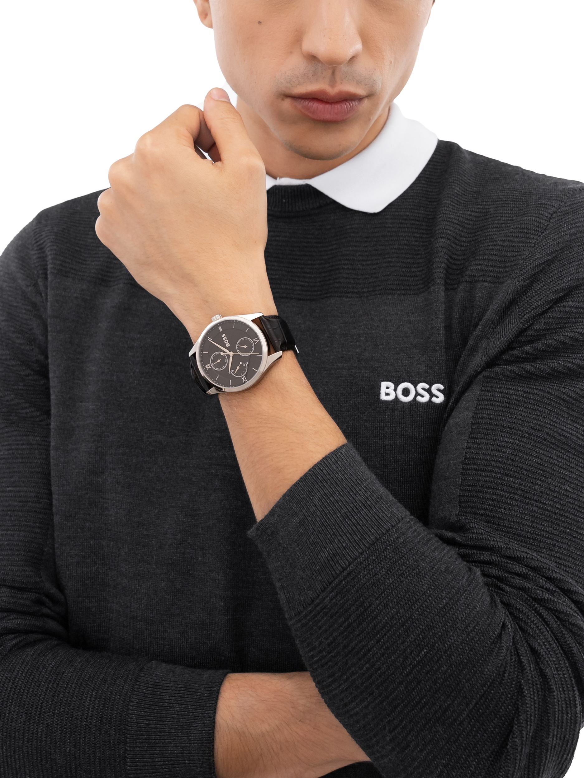 HUGO BOSS 1514272 Men's Principle Master Croc Leather Strap Watch, Black
