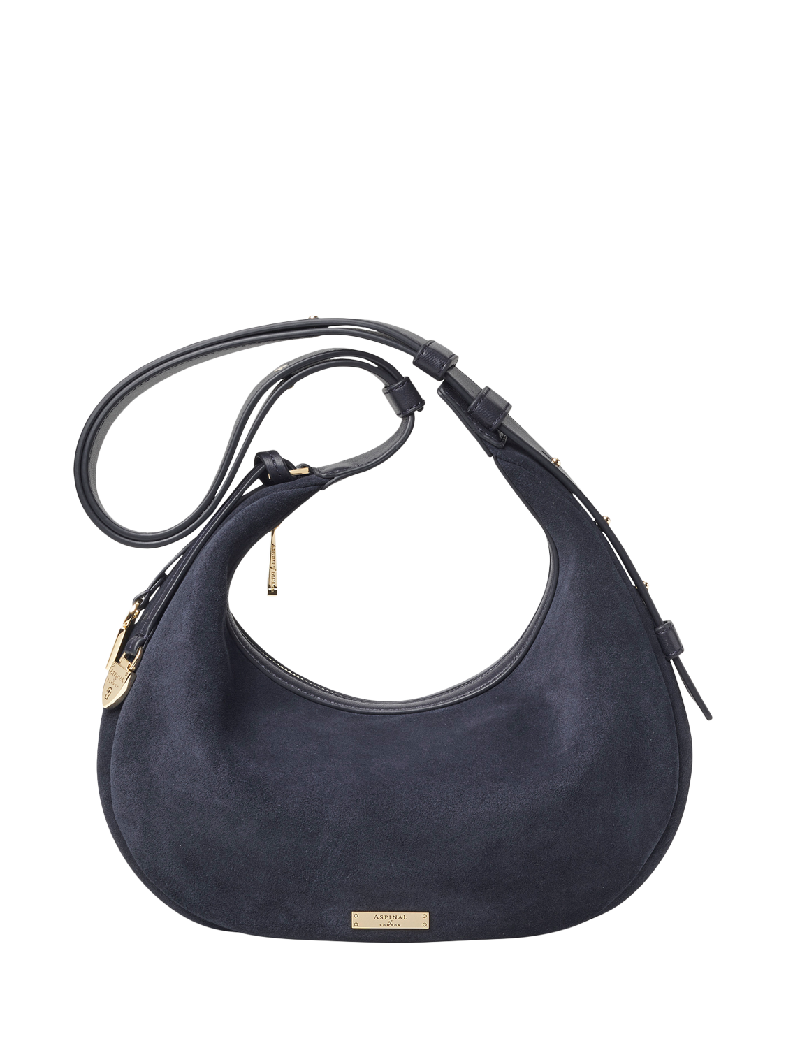 Aspinal of London Hudson Crescent Suede Shoulder Bag, Navy