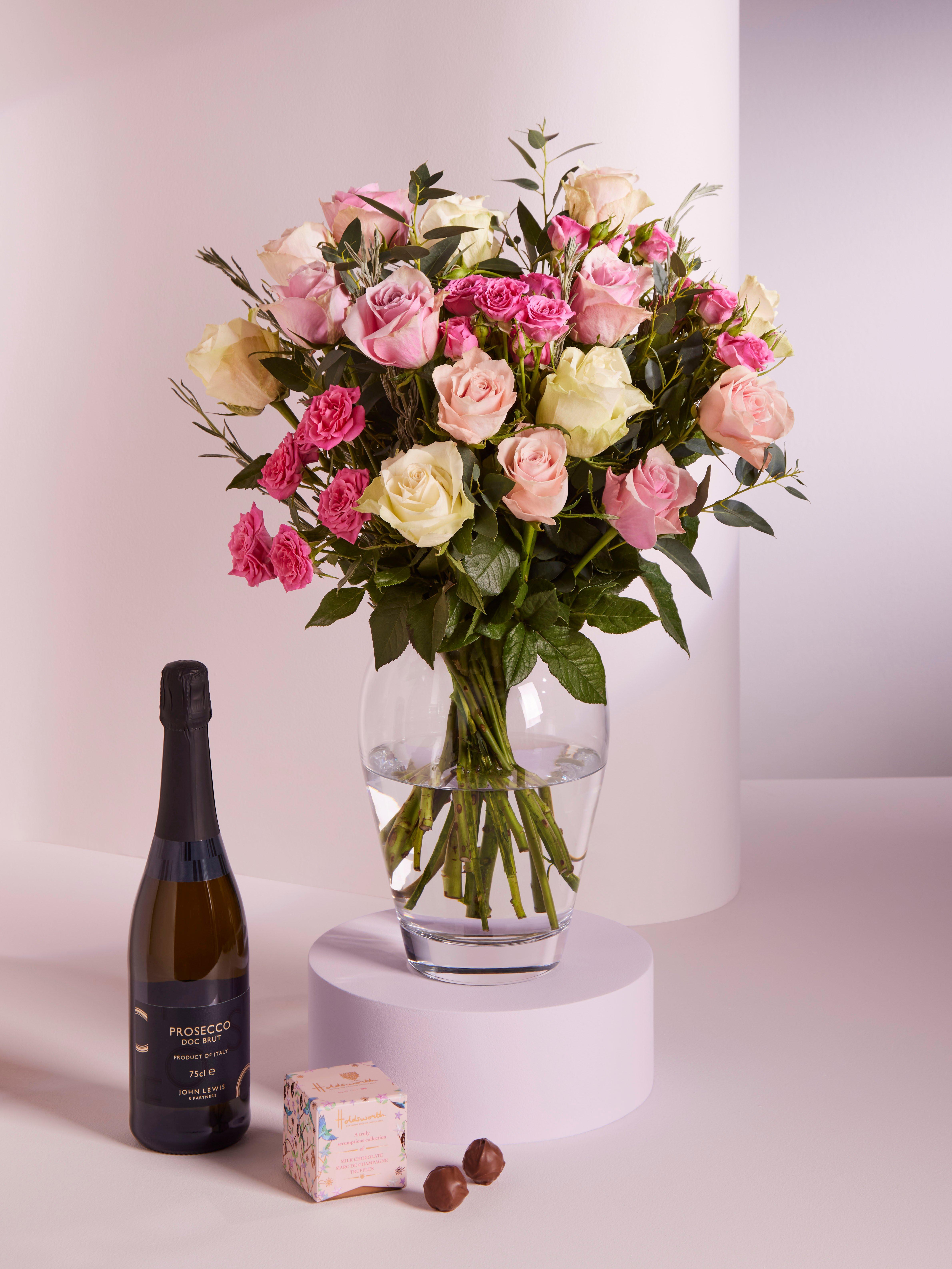 John Lewis Mother's Day Pastel Roses Mixed Hand Tied Bouquet, Prosecco ...