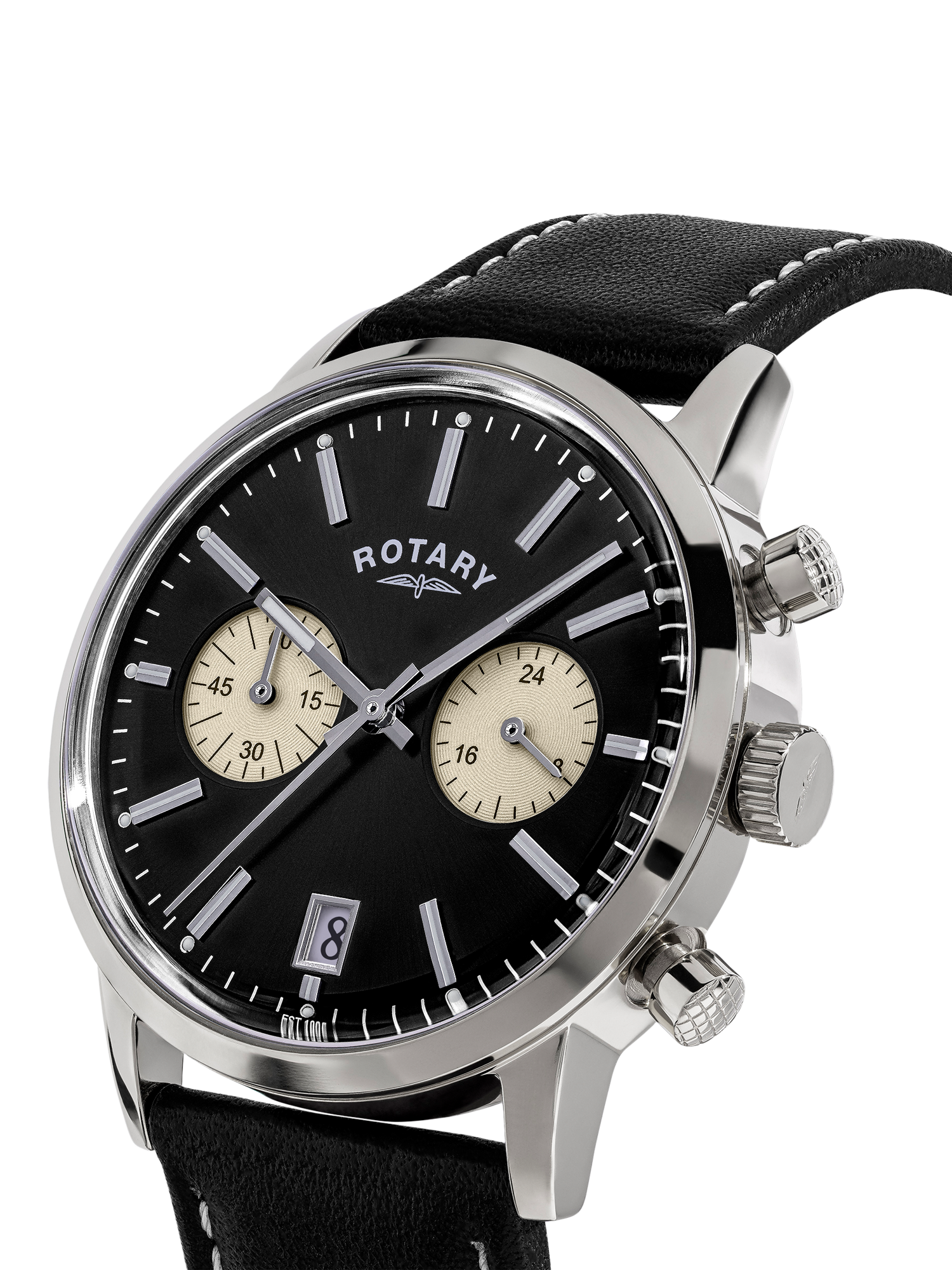 Rotary RGS10067/04 Men's 1895 Chronograph Round Leather Strap Watch, Silver