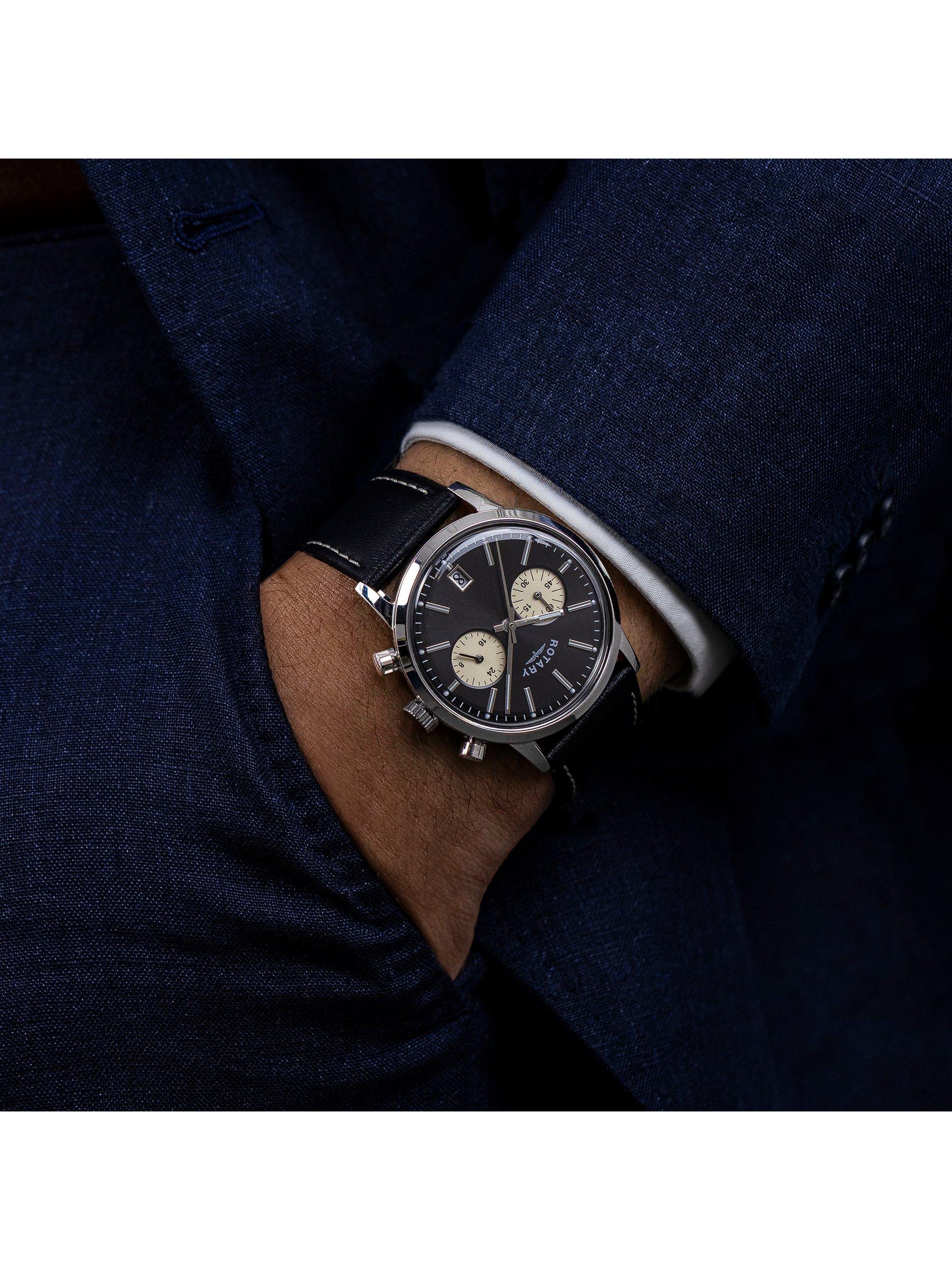 Rotary RGS10067/04 Men's 1895 Chronograph Round Leather Strap Watch, Silver