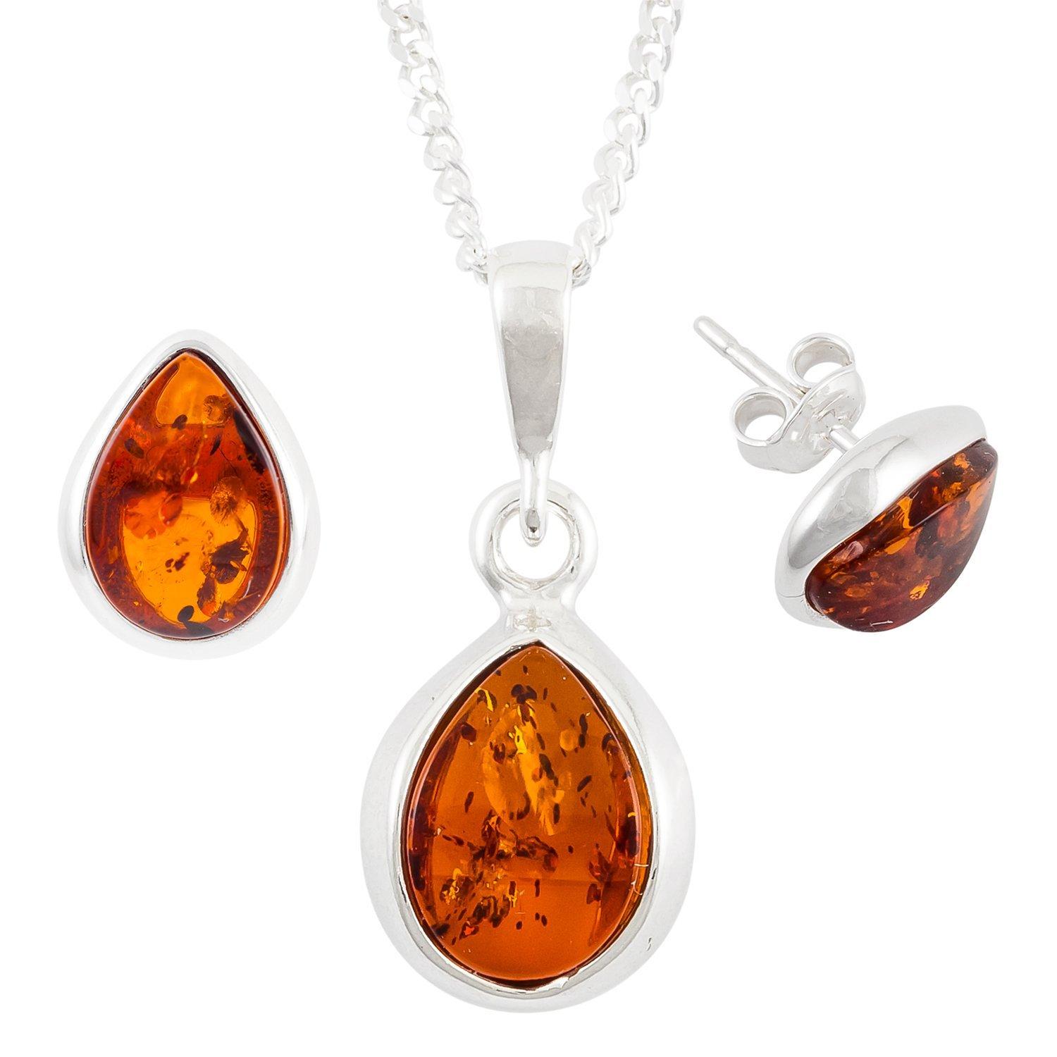 Be Jewelled Sterling Silver Tear Drop Amber Pendant Necklace And Earrings Gift Set Amber