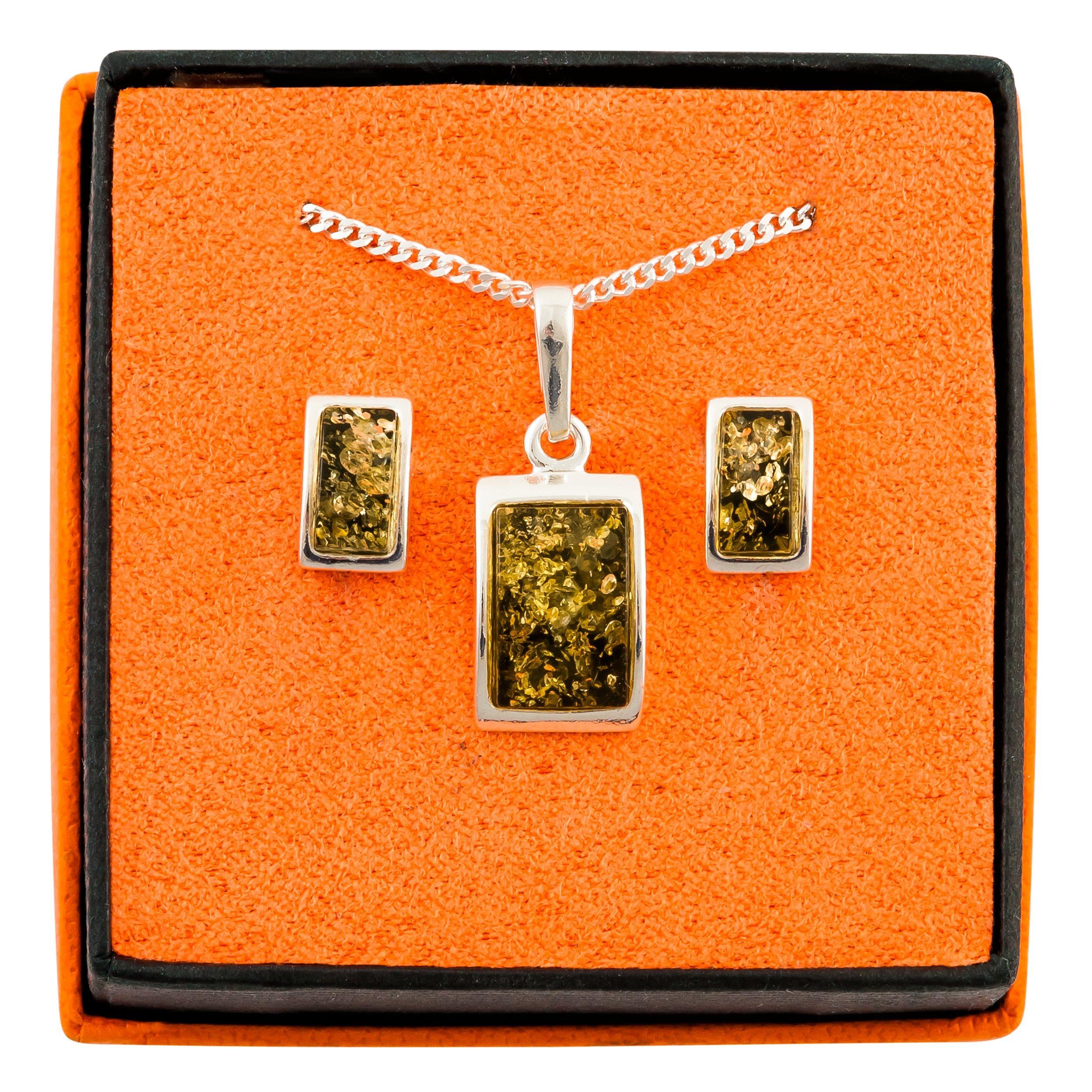 Be Jewelled Sterling Silver Oblong Green Amber Pendant Necklace And Earrings Gift Set Amber