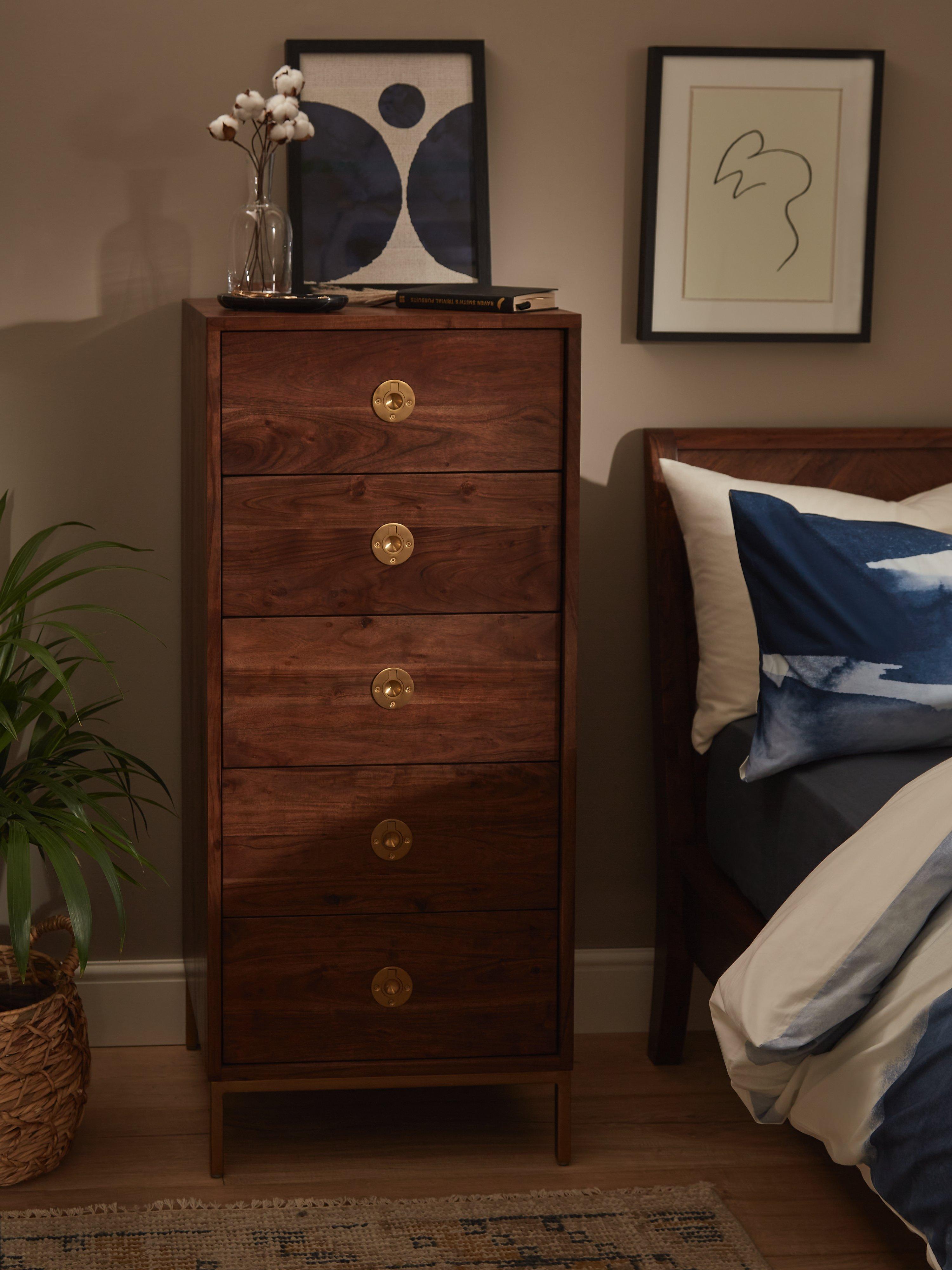 John Lewis Padma 5 Drawer Tallboy Chest Brown Brass